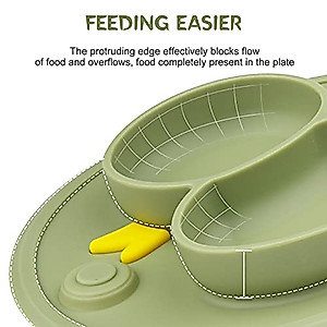 Baby Divided Plate Placemat Silicone- Portable Non Slip Child Feeding Suction Plate for Children Babies and Kids BPA Free Baby Dinner Plate Microwave Dishwasher Safe (Duck-Endive)