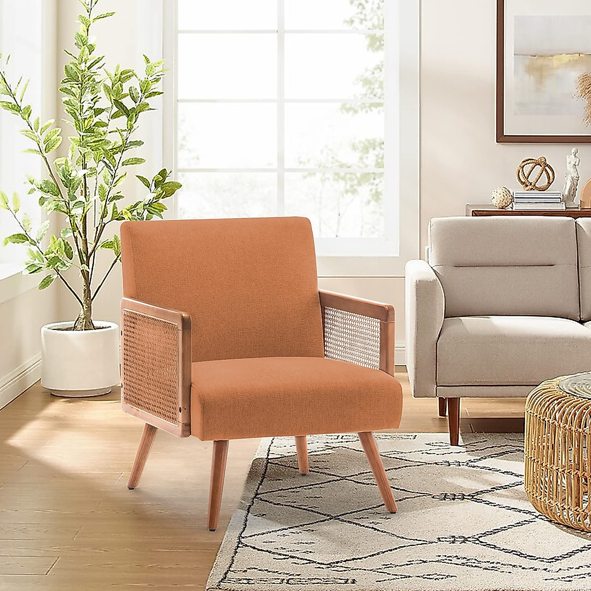 SHINEBOOM Accent Chair with Rattan Arms, Upholstered Mid Century Modern Chair for Bedroom Living Room Reading Chairs Rattan Armchair, Linen Comfy Lounge Chairs Side Chair, Orange
