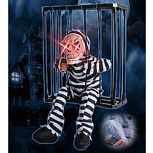 CRILEAL Skeleton Animated Halloween Decorations, Screaming Halloween Decor with Motion Activated & Light Sensor, Spooky Prisoner Cage with Spider Web Haunted House Decorations, Ghost with Hat