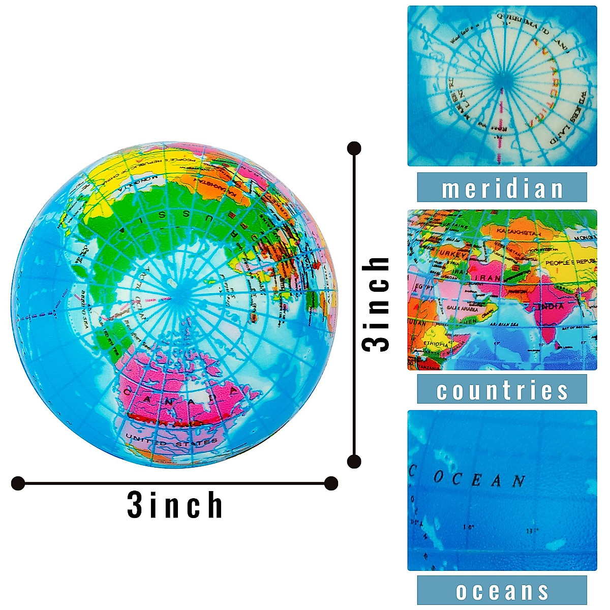 3 otters 15PCS Globe Squeeze Balls, 3 Inch Earth Stress Relief Balls Foam Squeeze Balls Educational Stress Balls for Finger Exercise School Carnival Reward Party Bag Gift
