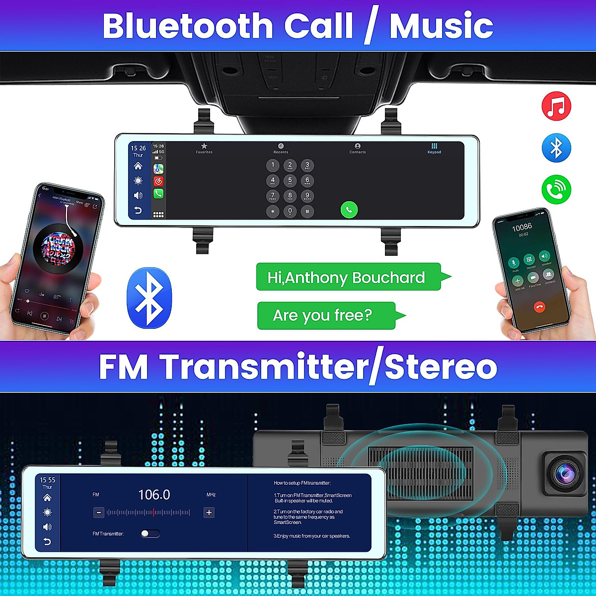 NHOPEEW 11.26 inch Rear View Mirror Camera with Carplay and Android Auto - Mirror Dash Cam Front and Rear - FM Transmitter/Bluetooth/Split Screen/Voice Control/Loop Recording + 64GB TF Card