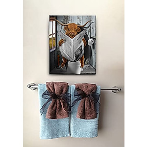 Vantboo Highland Cow are Reading Newspapers In The Toilet Canvas Prints Wall Art Paintings Home Decor Funny Cute Artworks Pictures For Living Room Bedroom Bathroom Decoration 12X16 Inches