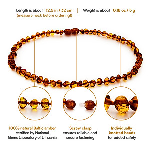 Baltic Amber Necklace (Authentic, Certified) - 12.5 inches - Unisex Jewelry - Cognac (Polished) - Real Amber Beads - Proud to Deliver Genuine Baltic Sea Wonder Handcrafted by Amber Guru