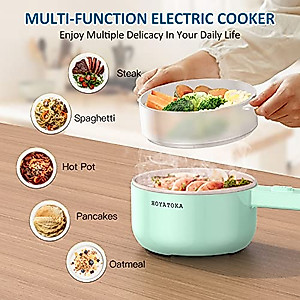 Hoyatoka Electric Hot Pot, 1.5L Portable Non-Stick Electric Cooker with Steamer, Multifunction Electric Pot for Stir Fry, Roast, Egg, Ramen Cooker with Dual Power Control for Dorm and Office, Green