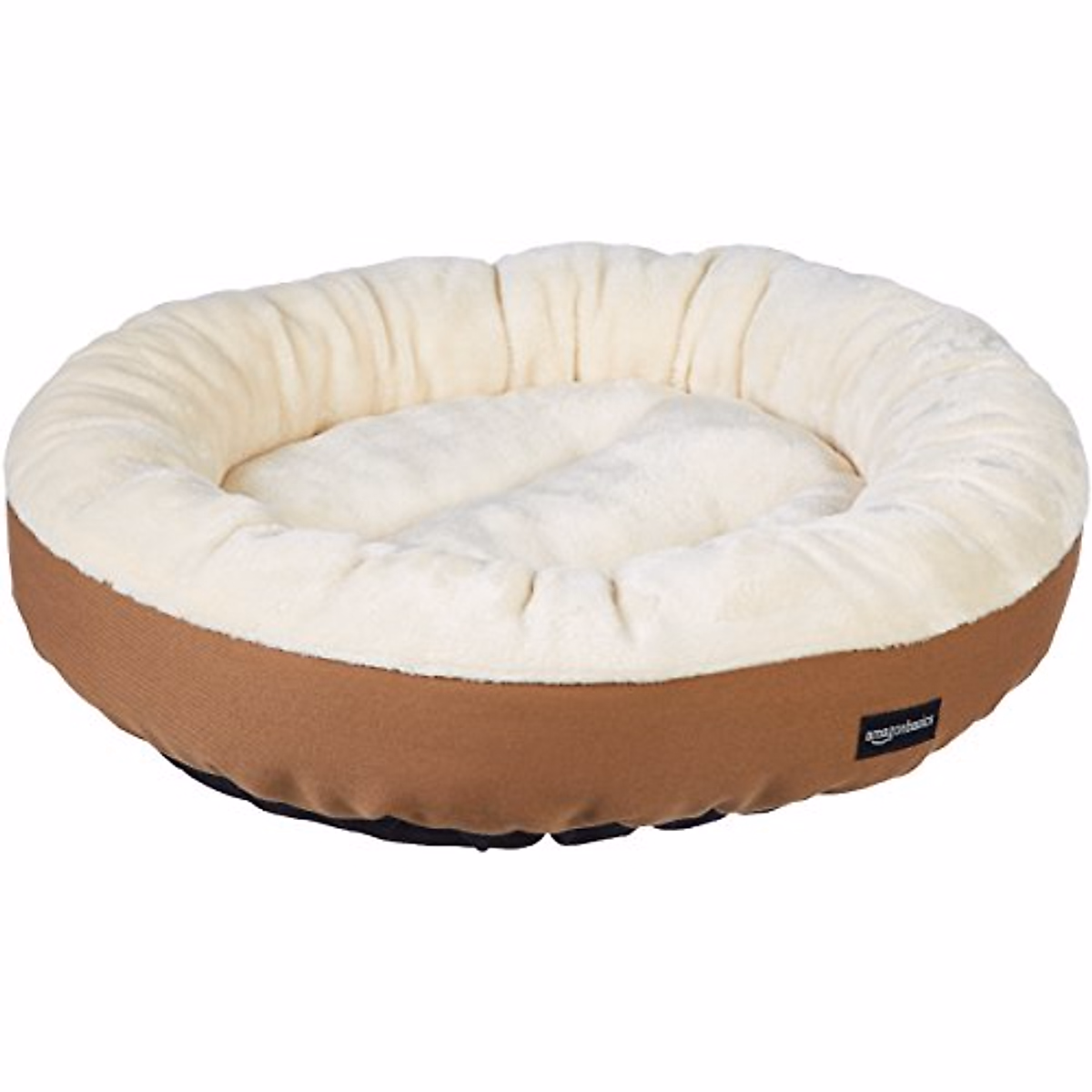 Amazon Basics Round Bolster Pet Bed with Flannel Top, 20-Inch, Brown and Ivory