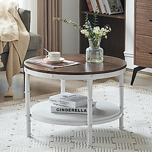 VINGLI 25.6" Rustic Oak White Round Farmhouse Coffee Table, 2-Tier Storage Wood Center Circle Accent Table for Living Room, Bedroom, Apartment, Studio and Small Spaces, Sturdy Metal Frame