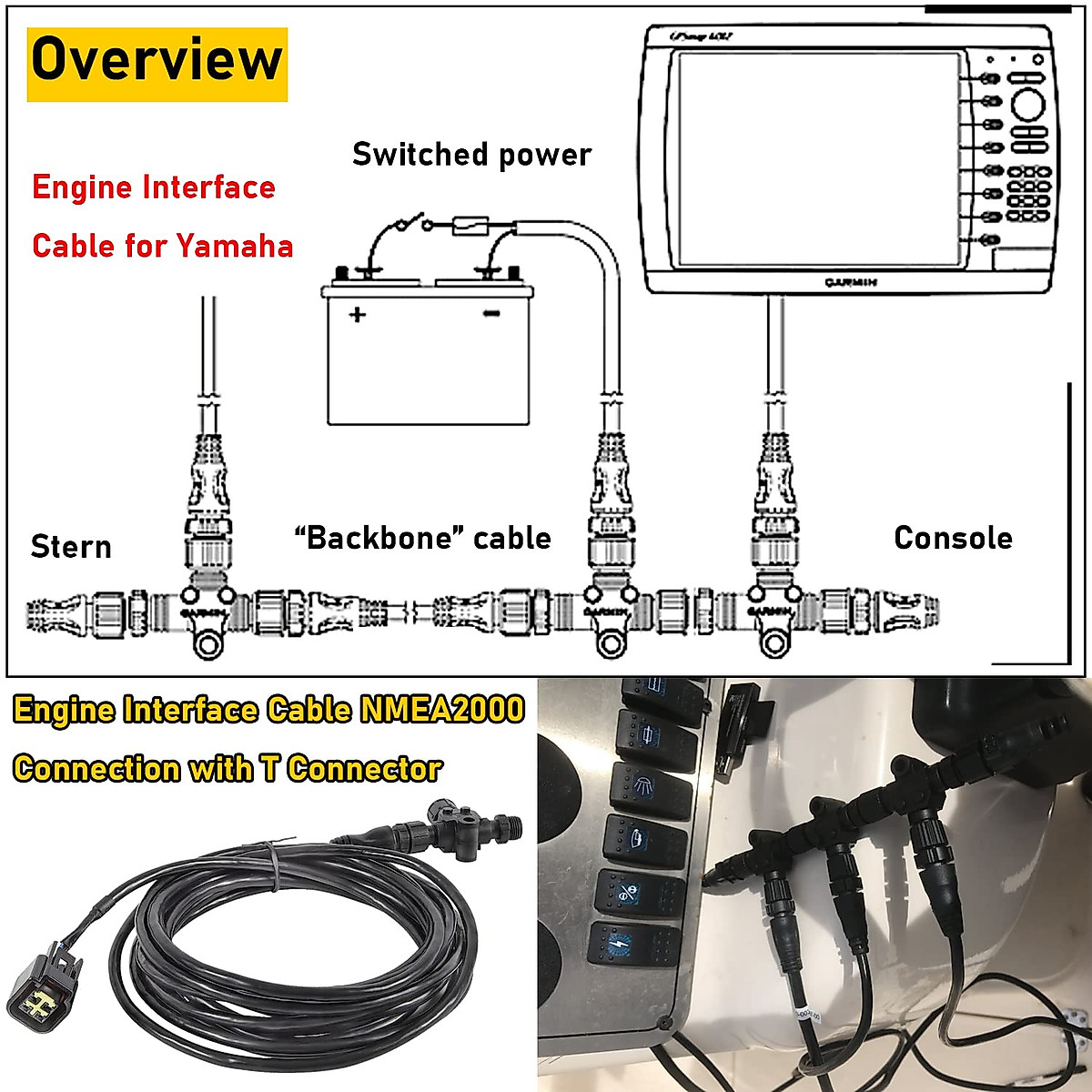 for Yamaha Engine Interface Cable NMEA2000 Connection with T Connector for Yamaha 2006 & Newer, Replace # 000-0120-37, 3004.6865-4.5 m (15 ft)
