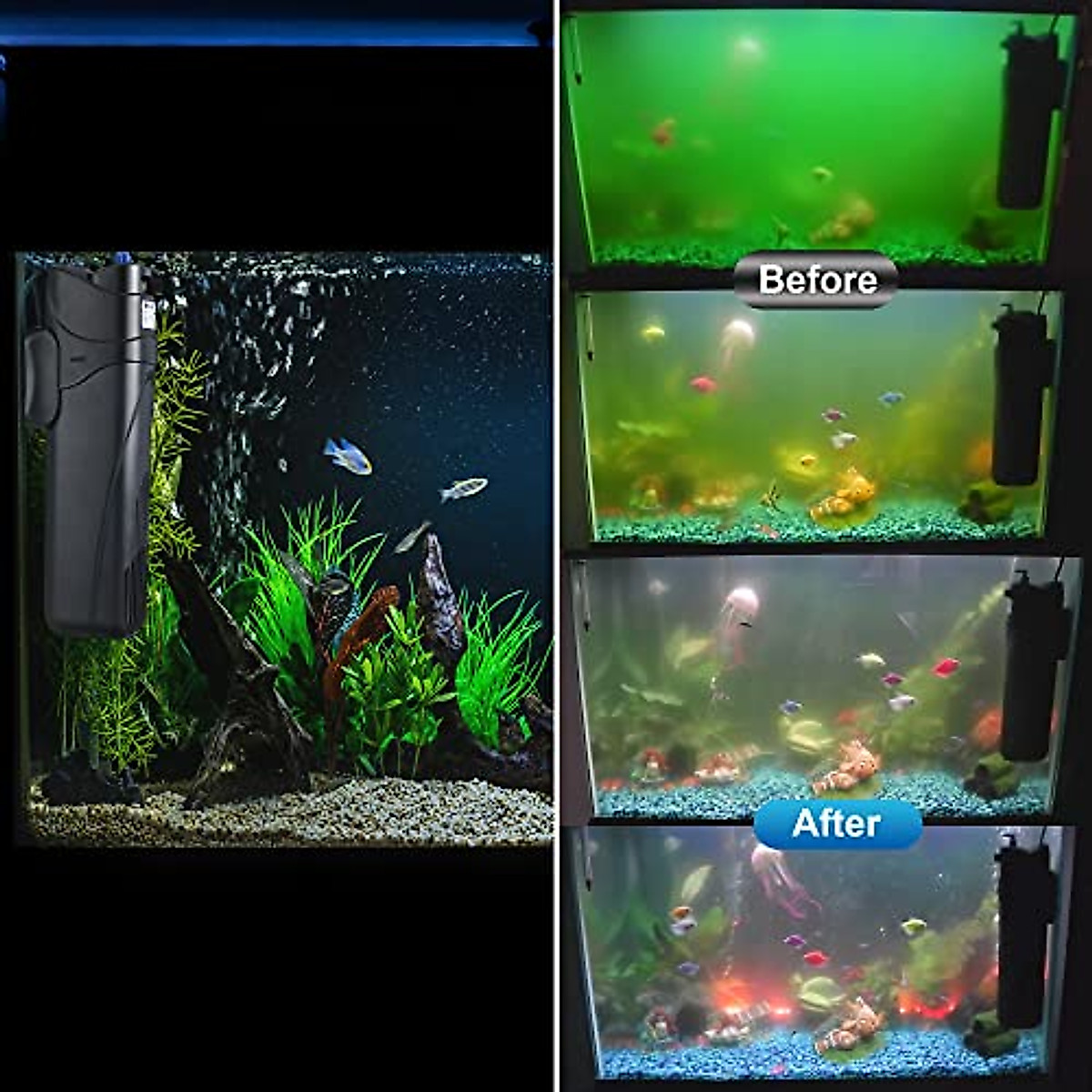 U-V Filter for Aquarium Tank, 4-in-1 Submersible Machine Filter Pump Fit 40-80 Gallon,JUP-01 Green Water Killer Filter,9 Watt UV Light Submersible Aquarium Pump Attach with 2 Filter Replacement Sponge