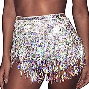 Zoestar Sequin Belly Dance Skirt Tassel Hip Scarf Multilayer Dance Belt Costume Performance Party Skirt Wrap for Women and Girls (Silver)