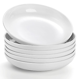 Fasmov Melamine Pasta Bowls, 6 Pack 8 inches 20 Oz Large Salad Serving Bowls, Shallow Salad Bowls, Plastic Dinner Deep Plates, Dishwasher Safe, White