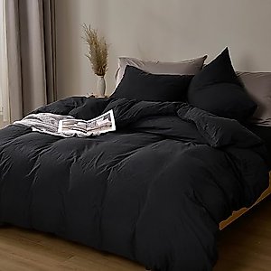 PHF 100% Cotton Duvet Cover Queen Size, 3pcs Washed Cotton Linen Like Comforter Cover, Soft Breathable Durable Cooling Duvet Cover for Hot Sleepers, 90" x 90", Black