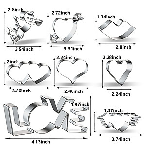 Valentine's Day Heart Cookie Cutter Set, 8 Piece Stainless Heart Shaped Cookie Cutter Biscuit Molds Cookie Cutters for Baking Heart, Lips, Heart with Arrow, Double Heart, Love, Cupid, Heart wings