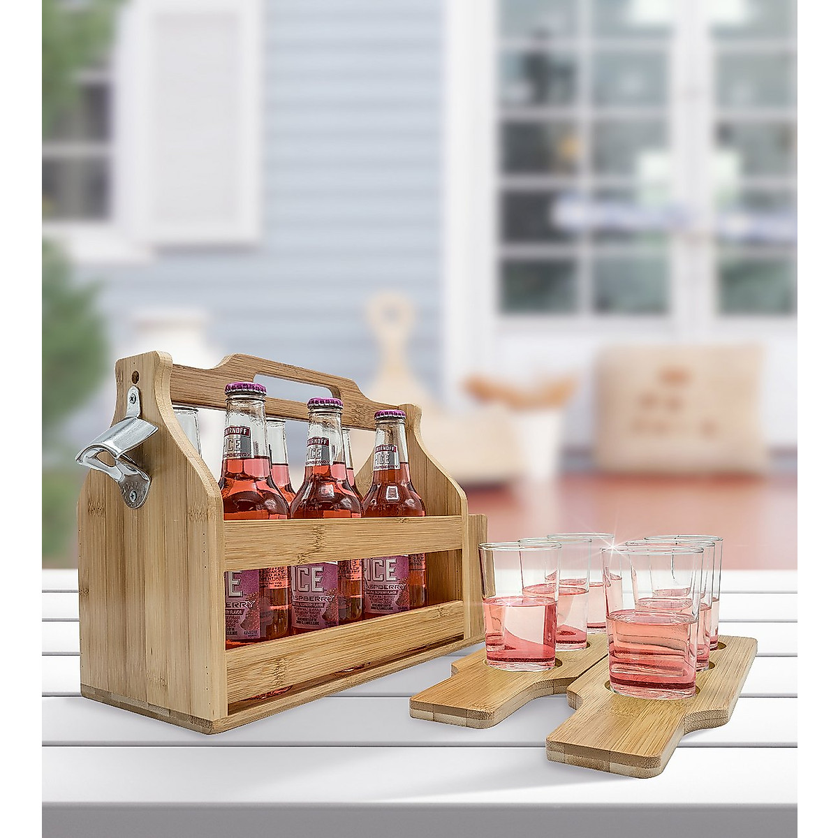 Sorbus Wooden Bottle Caddy with Opener & Sampler Boards, Drink Holder for Beer, Soda, Perfect for Bar, Pub, Restaurant, Brew Fest Party, and More, Bamboo