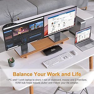 DisplayPort and HDMI KVM Switch 2 Monitors 2 Computers, TESmart 4 Port Dual Monitor KVM Switcher, 4K@60Hz, L/R Out, Keyboard Mouse PC Selector Box with All Input Cables (Black）