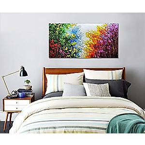 V-inspire Art, 24x48 inch Modern Abstract Oil Painting on Canvas Wall Art 100% Hand Painting Bright-Coloured Tree Art Living Room Bedroom Decoration Ready to Hang