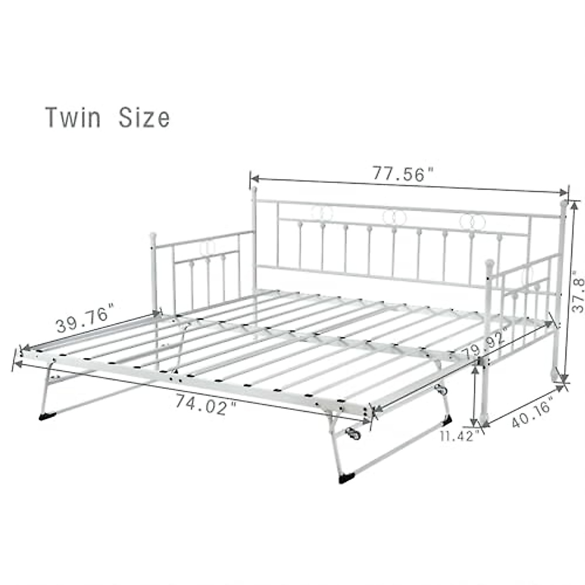 FULLJOJOR Twin Day Bed with Trundle Bed Twin, Metal Daybed with Trundle, Daybed with Pop Up Trundle Bed Frame, Steel Slat Support Sofa Bed for Kids Teens Adults, No Box Spring Needed