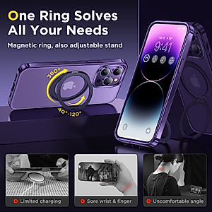 Juntone for iPhone 14 Pro Max Case with 360° Rotatable Magnetic Ring[Compatible with Magsafe][Invisible Kickstand] 12FT Military Shockproof Translucent Matte Back Slim Phone Cover 6.7", Purple