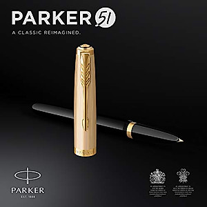 Parker 51 Fountain Pen | Deluxe Black Barrel with Gold Trim | Fine 18k Gold Nib with Black Ink Cartridge | Gift Box
