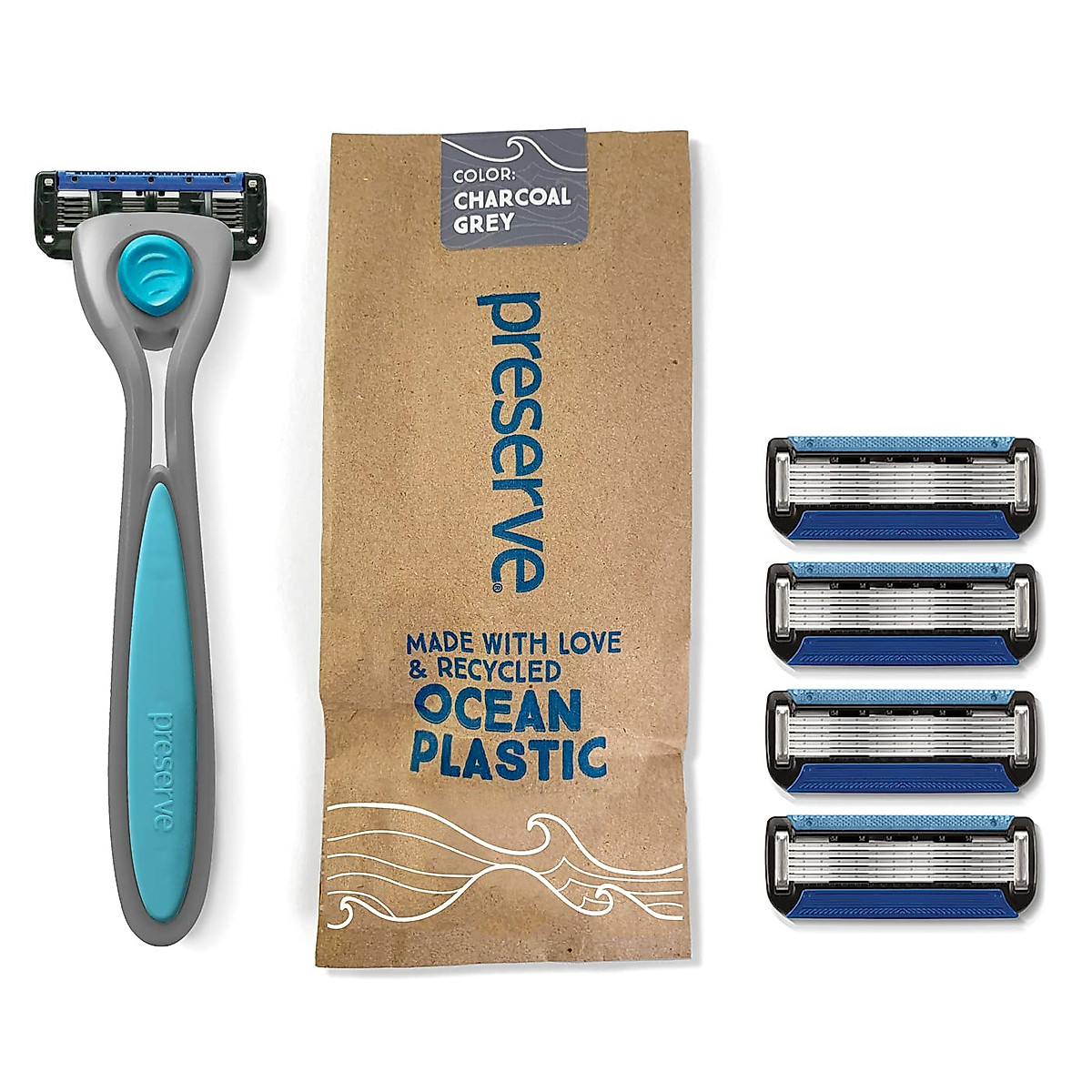 Preserve POPi Shave 5 Razor System Made with recycled Ocean Plastic, Charcoal Grey and Preserve POPi Shave 5 Replacement Cartridges for Preserve POPi Shave 5 Razor (4 Count) Bundle
