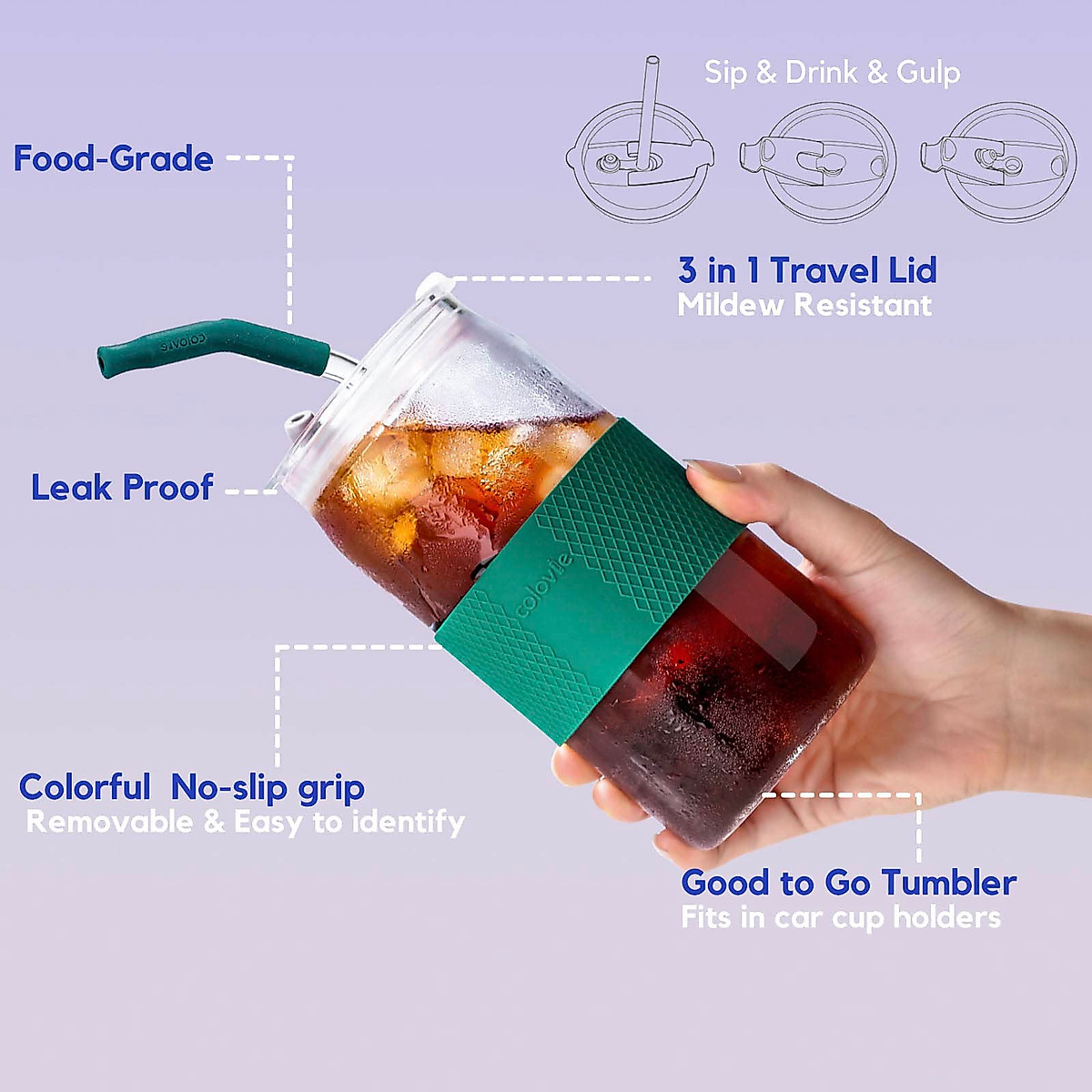 ColoVie 20oz Mixed Drinking Glasses with 6 Colors, Thicken Reusable Glass Tumblers with Lids and Straws, Removable Silicone Sleeve for Hot or Iced Drinking, Unique Colorful Glass Cups