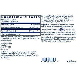 Klaire Labs Calcium D-Glucarate 500mg - Supports Healthy Estrogen Metabolism & Detoxification - Liver & Detox Support Supplement - Gluten-Free, Yeast-Free & Hypoallergenic (90 Capsules)