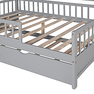 Bellemave Full Size House Bed with Trundle for Kids,Wooden Full Platform Bed Frame with Storage Shelves,Montessori Bed for Teens,Girls & Boys (Gray)