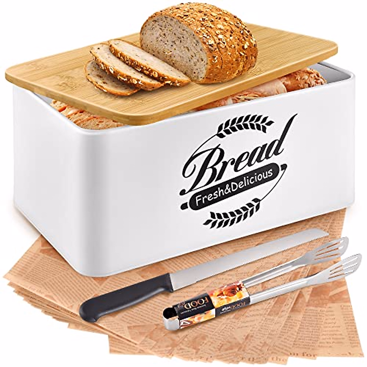 AOSION Metal Bread Box for Kitchen Countertop, All-In-One Large Bread Boxes with Bamboo Cutting Lid, Bread Storage Fresher For Longer, White