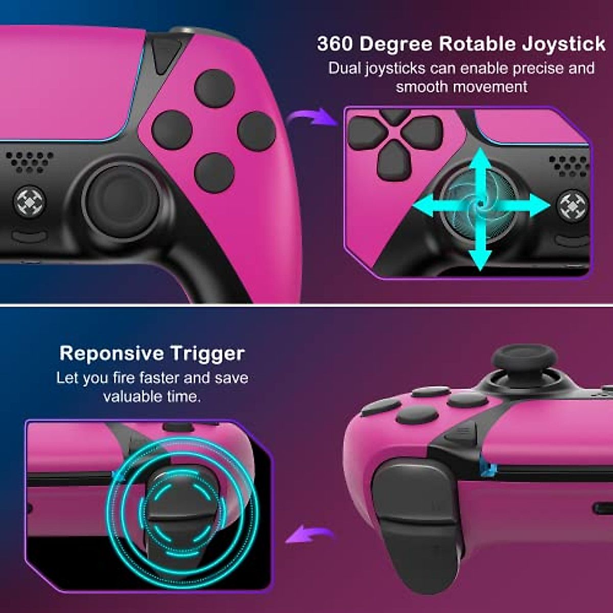 YU33 Ymir Scuf Wireless Controller Works with Modded PS4 Controller, Elite Control Remote Fits Playstation 4 Controller, Joystick/Controles de Pa4 with Mapping/Turbo/1200 mAh Battery, Rose Red/Pink
