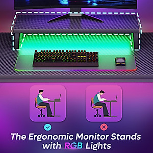 Bestier Small Gaming Desk with Monitor Stand, 42 inch LED Computer Desk, Gamer Workstation with Cup Holder & Headset Hooks, Modern Simple Style Desk for Home Office, Carbon Fiber Black