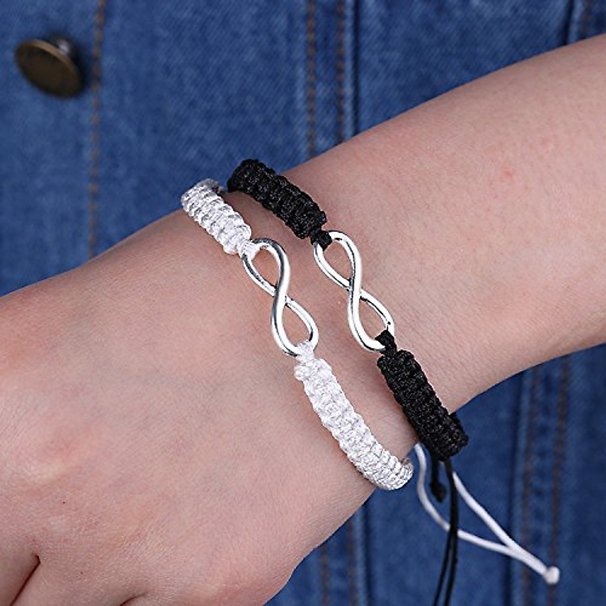 COLORFUL BLING 2Pcs Infinity Distance Couple Braided Handcrafted Luck Bracelet Bangle Adjustable Rope His and Hers Wristband Wrist Jewelry-black white