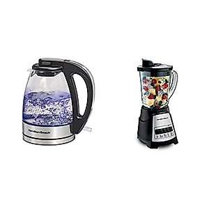 Hamilton Beach Glass Electric Tea Kettle (40930), Clear & 58148A Blender to Puree - Crush Ice - and Make Shakes and Smoothies - 40 Oz Glass Jar - 12 Functions - Black and Stainless,8.66 x 6.5 x 14.69