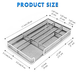 EsOfficce Drawer Organizer,Desk Organizer, Black Metal Mesh Drawer, Desk Drawer Organizer for Home Office and School,11X 6X 1.6Inch, Inch,Silver