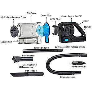 NEIKO 53730A Portable Car Vacuum Cleaner Wet Dry, Wet Vacuum Cleaner for Car or Vehicle, High Power, and Small Vacuum for Car Detailing, 12V Car Vacuum by DC Power, Works Best for Automotive or Boat