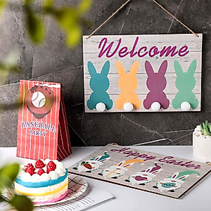 2 Pieces Happy Easter Wooden Sign Easter Hanging Wood Decor Easter Welcome Door Sign Gnome Bunny Eggs Wood Easter Decorations for Home Garden Spring Party, 12 x 7.8 Inch