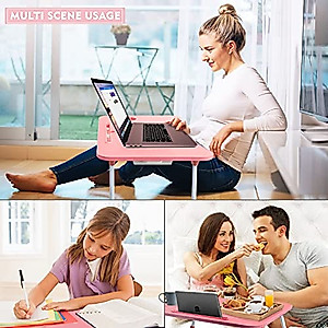 Laptop Bed Table, Foldable Laptop Desk Bed Tray with Storage Drawer, Lap Desk TV Tray for Breakfast Serving, Notebook Stand Reading Holder with Phone Slot and Cup Holder for Sofa Couch Floor-Pink