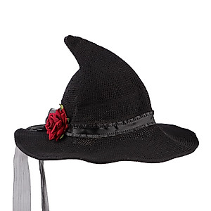 OhMill Women's Halloween Witch Hat Knit Head Ornament with Rose Big Bow Decoration,for Christmas Fancy Dress Cosplay Party Prop or Daily Wearing (Black Gauze Bow knot)