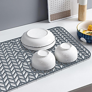 GUUKIN Sink Protectors for Kitchen Sink - 29"x 15.35" Silicone Kitchen Sink Mat Grid for Bottom of Farmhouse Stainless Steel Porcelain Sink with 3 Reserved Holes（Grey）