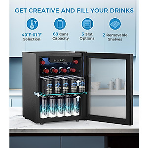 Joy Pebble Beverage Refrigerator and Cooler,1.7 Cu.ft,68 Can Mini Fridge Clear Glass Door for Wine Soda Beer,16 Bottle Wine Cooler with Touch Screen Adjustable Shelves for Home Bar Office,Black
