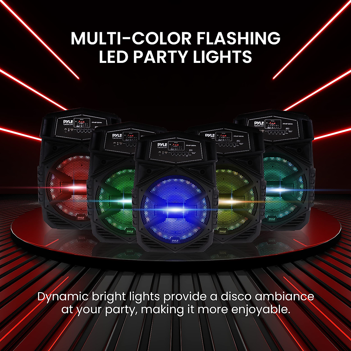 Pyle 12'' Portable Bluetooth Speaker System - 1000W Karaoke Speaker w/ LED Lights, USB/Micro SD/FM/BT/Aux/Remote Control/Mic & Guitar Inputs, Built-in Rechargeable Battery w/ Wheels & Handle Bar