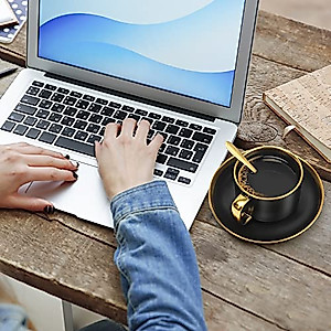 MSYSGQI European style Luxury Gold rim Tea cup and saucer Set,8.5 Oz Ceramic Tea Cup Coffee Cup Set(Black 4 pack)