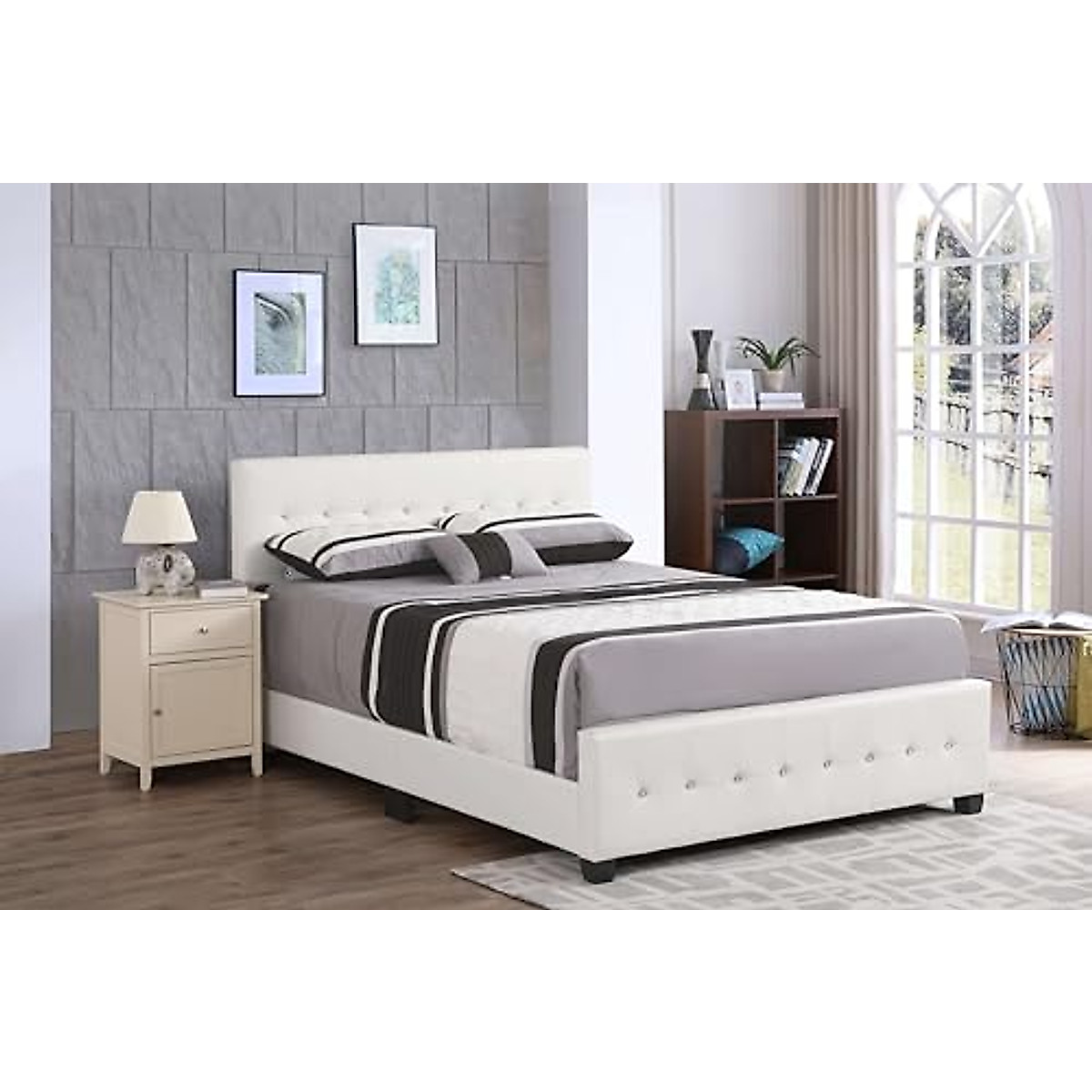 Experience Opulence with The Queen Bed in Radiant White, Durable Faux Leather, Hand-Tufted with Crystal Accents, Effortless Assembly, Optimal Mattress Support.