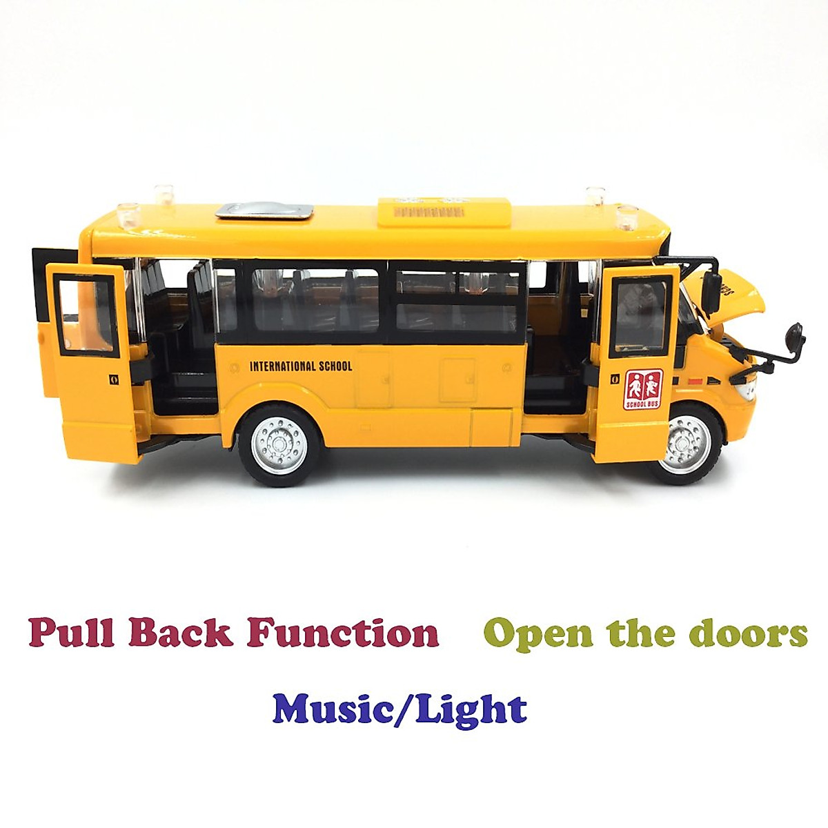 9" Pull Back School Bus,Light Up & Sounds Die-cast Metal Toy Vehicles with Bright Yellow and Openable Doors