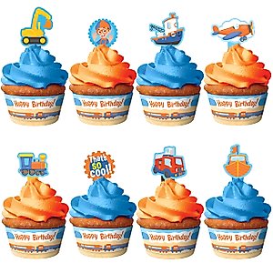 Treasures Gifted Officially Licensed Blippi Cupcake Toppers & Wrappers 24ct - Blippi Cake Decorations - Blippi Excavator Cupcake Set - Blippi Birthday Party Supplies - Blippi Cake Toppers