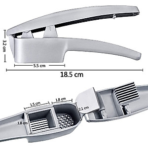 Garlic Press, 2 in 1 Garlic Mince and Garlic Slice with Garlic Cleaner Brush and Silicone Tube Peeler Set, Easy Squeeze, Rust Proof, Dishwasher Safe
