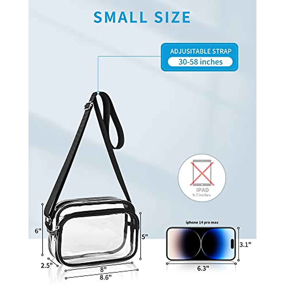 Clear Bag Stadium Approved PVC Clear Crossbody Bag Clear Purse with Front Pocket for Work Concert Security Travel Sports Black
