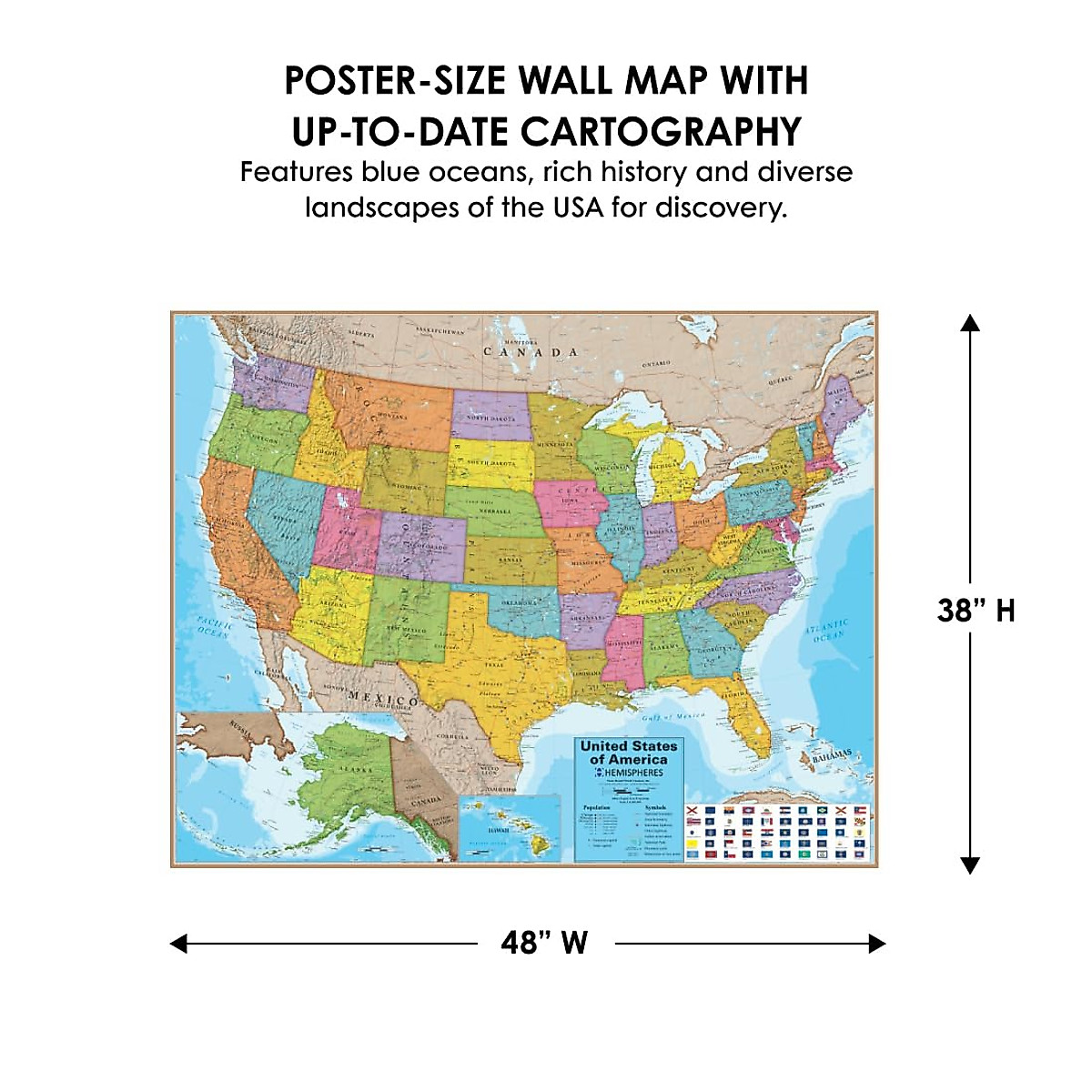 Waypoint Geographic Blue Ocean Series USA Wall Map, Laminated World Map Poster, Educational Wall Art For Home, Classroom, or Office, Unique Gifts, 48” x 38”