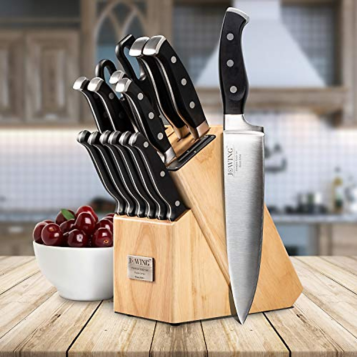Professional 15-Piece German High Carbon Stainless Steel Kitchen Knife Set, Ocean Series Premium Forged Full Tang Chef Knives Set with Rubber Wood Block, Black