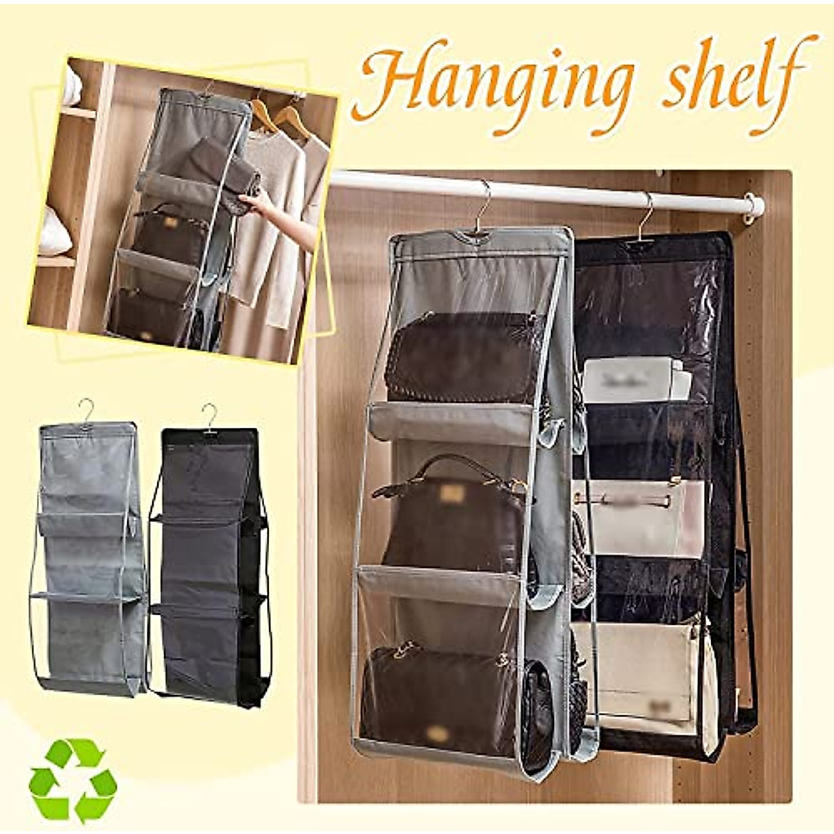 3 Layers Storage Bag for 6 Pockets Hanging Purse Handbag Organizer Clear Hanging Shelf Bag, Hanging Wardrobe Closet, Space Saving Organizers, Gift for Family (Black)