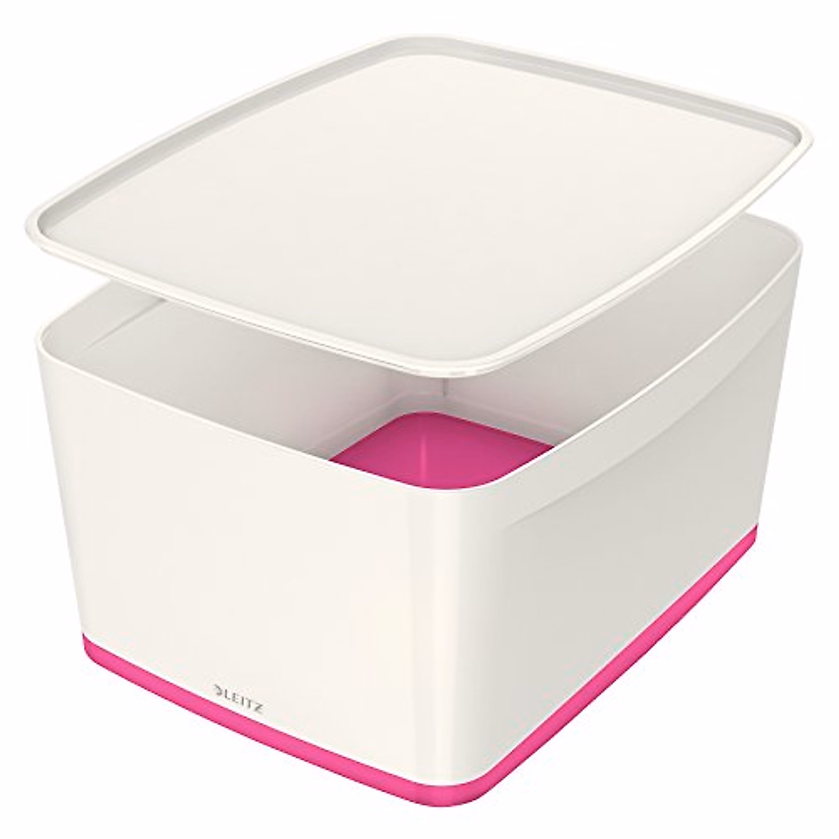 Leitz Large MyBox with Lid, Storage Box for Home and Office, High Gloss Plastic, 18 Litre, A4, White/Pink Metallic