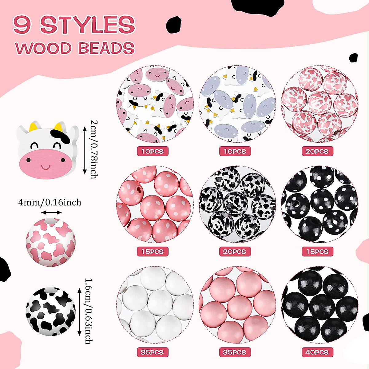 200 PCS Cow Print Wood Beads 16mm Wood Round Beads Natural Handmade Beads Polished Spacer Beads for Jewelry Making DIY Crafts Making Home Party Decoration (Cow)